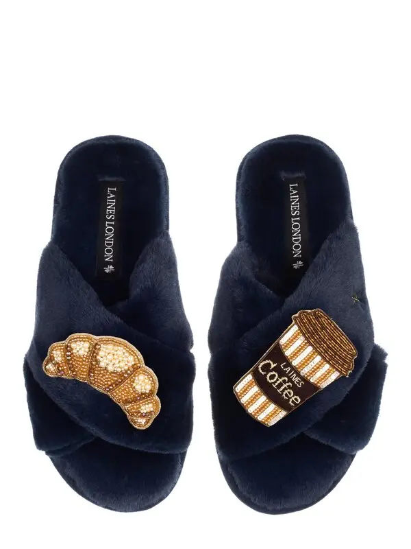 LAINES LONDON Classic Laines Slippers With Coffee Cup & Croissant Brooches Navy - Blue