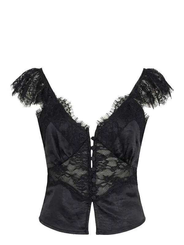 MODENAIRE Lace Trim Satin Corset Top With Flutter Sleeves - Black