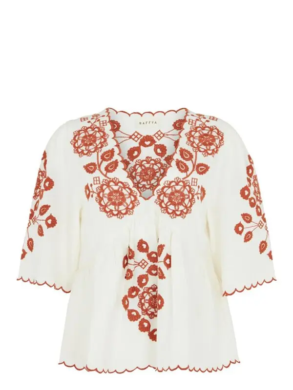 RAFFYA Aubrey White & Linen Blended Embroidered Blouse - Brown