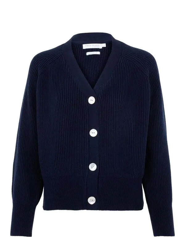 PAUL JAMES KNITWEAR Cotton Tilda Oversized V Neck Ribbed Cardigan - Blue