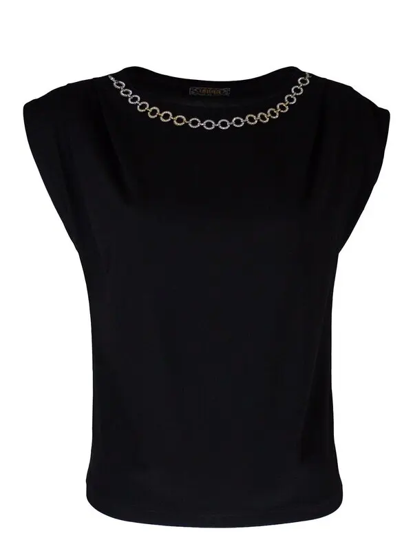 LALIPOP DESIGN Adjustable Gold&silver Chain Embellished Cap-sleeve T-shirt - Black