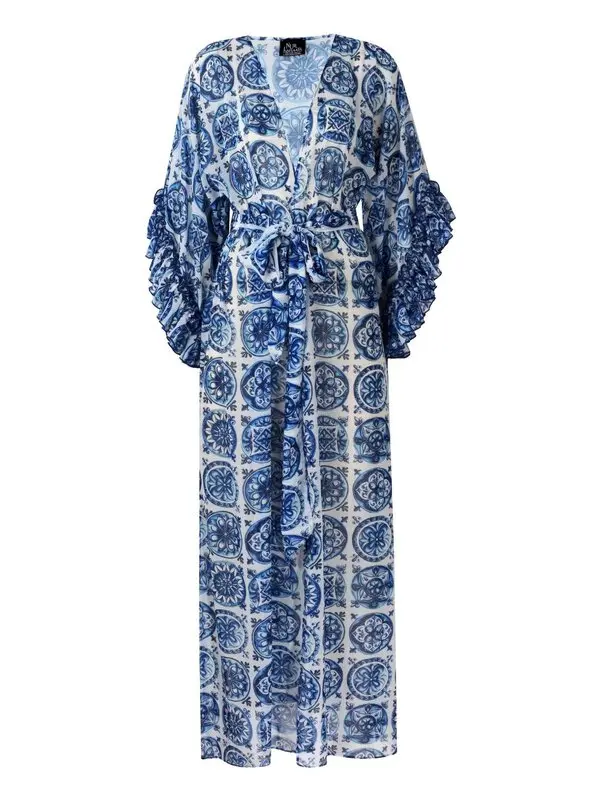 NUR KARAATA Joali Bleu Blanc Kimono - Blue