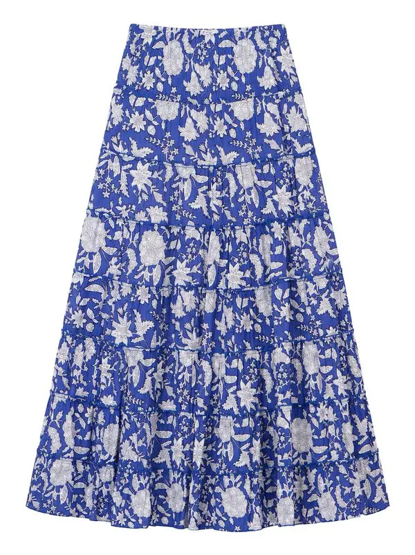 YUMI Floral Cotton Tiered Maxi Skirt - Blue