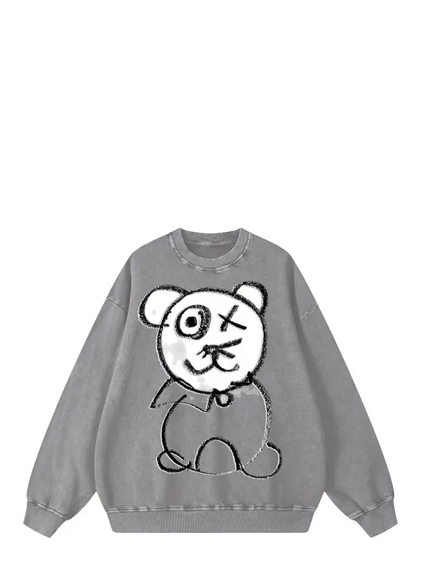 X ILONA BLUE Black / White / Grey Universal Fit Graffiti Teddy Bear Vintage Washed Cotton Platinum Crewneck - Black/white/grey