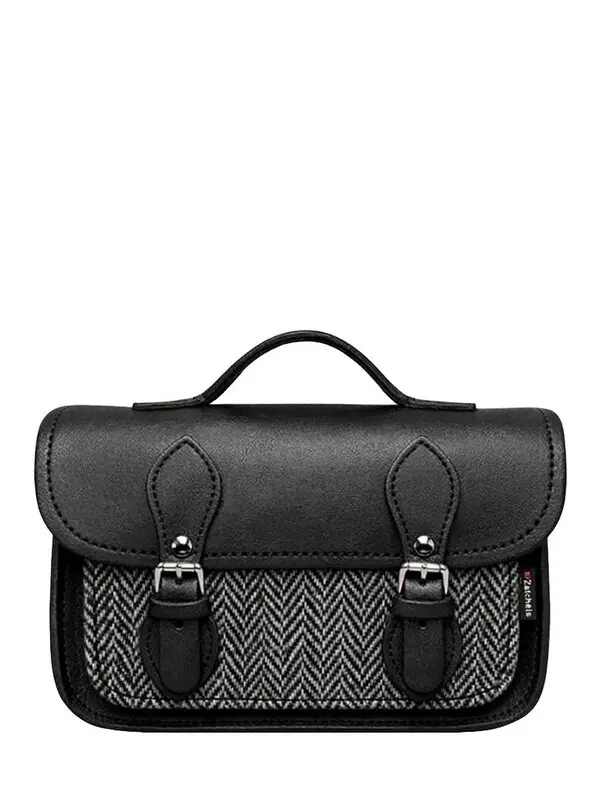 ZATCHELS Handmade Tannery Leather & Tweed Cross Body Micro Satchel Plus - Black