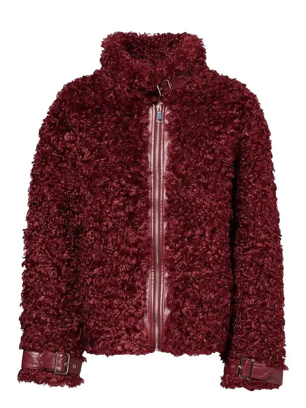AMY LYNN Celeste Burgundy Faux Fur Shearling Coat With Leather Trim - Red