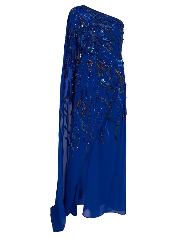 RAISHMA Astrid A One Shoulder With A Dramatic To-the-floor Draped Georgette Train, Falling From The Shoulder Gown - Blue