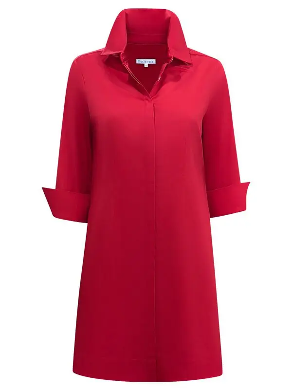 PERLAVERA Ciam Solid Cotton Satin Three Quarter Sleeve Length Slim Fit Mini Dress - Red