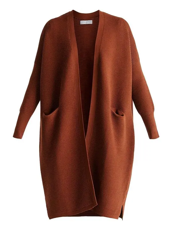 PAISIE Long Ribbed Cardigan - Brown