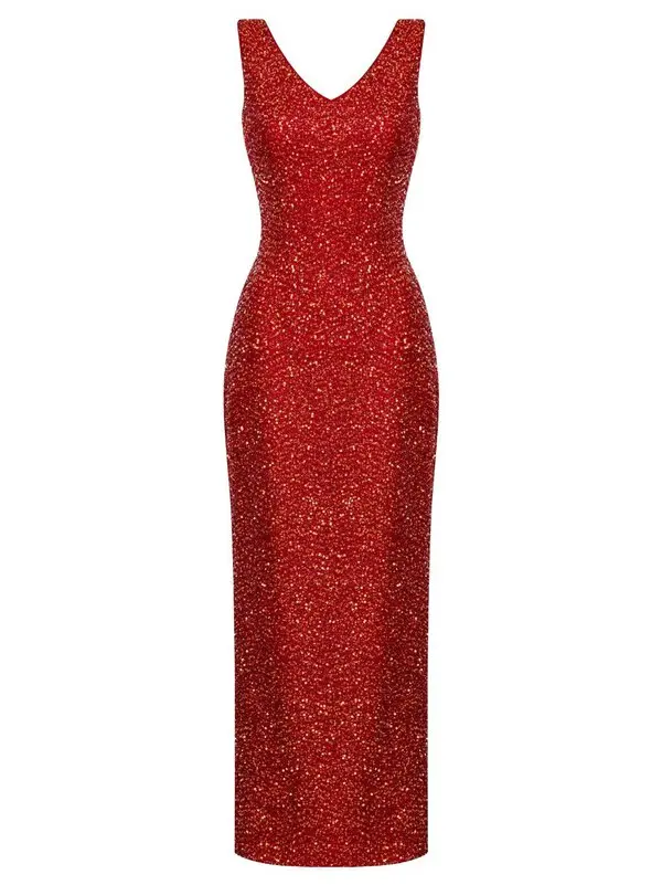 ELSAVA Riva Sequin V-neck Maxi Dress - Red