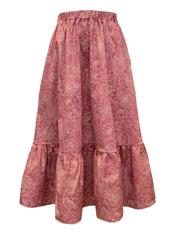FROCK TALES Boho Gathered Midi Skirt With Pockets In Rose Floral - Pink