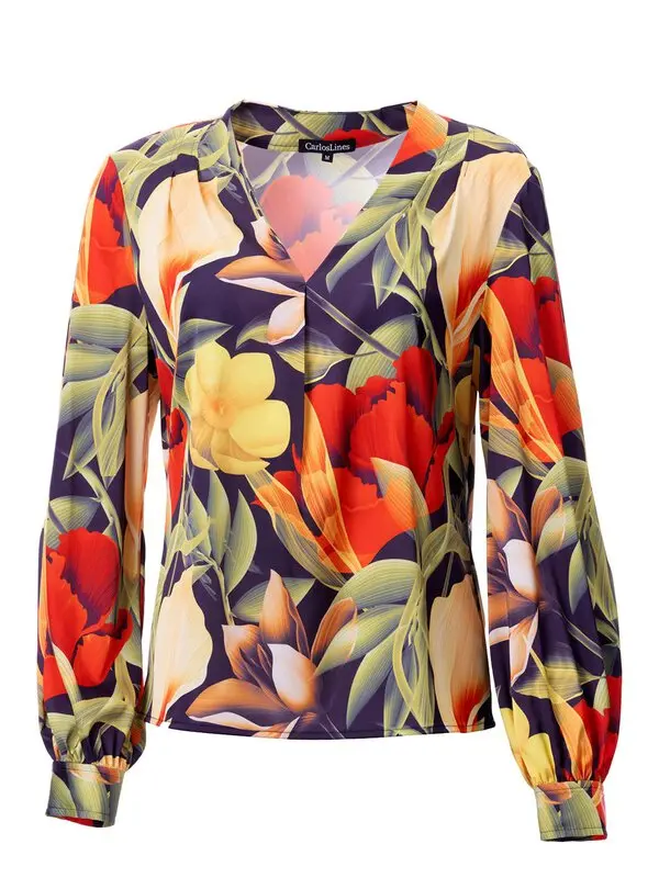 CARLOSLINES V-neck Pleat Detail Balloon Long Sleeve Blouse In Digital Floral Print - Blue