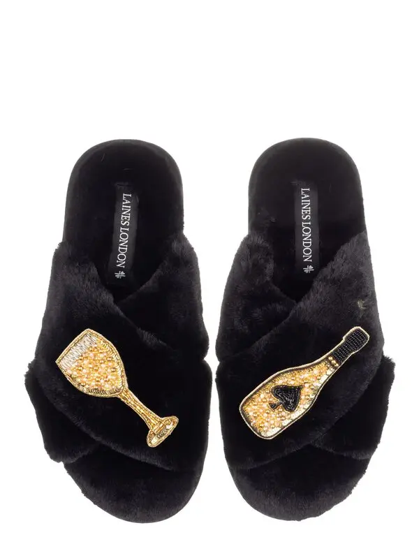 LAINES LONDON Classic Laines Slippers With Ace Of Champagne Brooches - Black