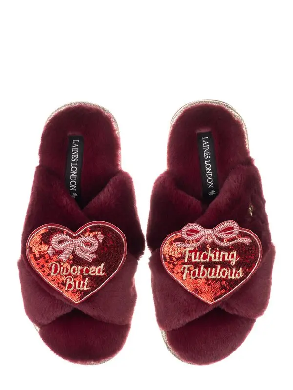 LAINES LONDON Classic Laines Slippers With Divorced But Fucking Fabulous Brooches Limited Edition Burgundy - Red