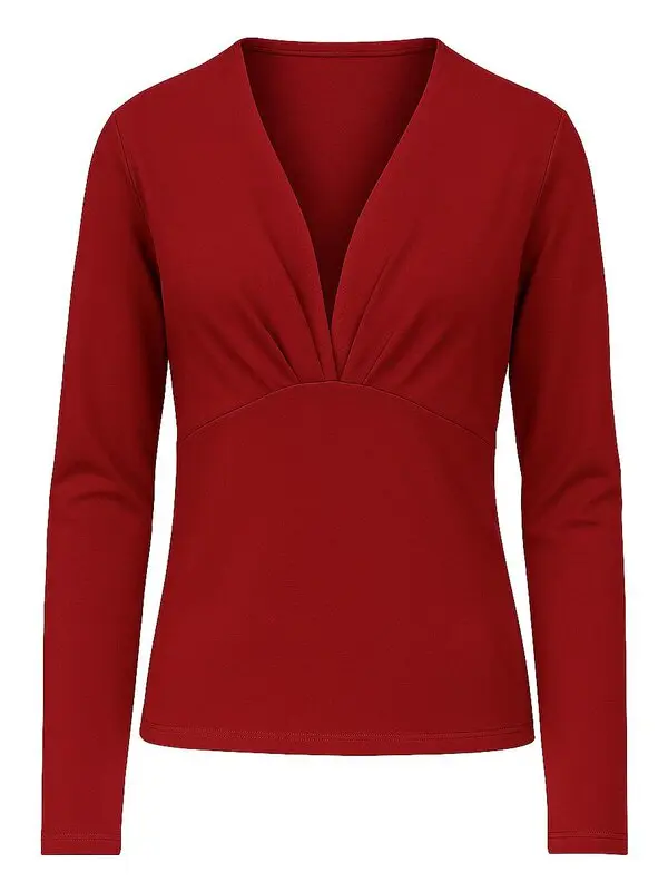 CONQUISTA Chilli Pepper Long Sleeve Faux Wrap Top In Stretch Jersey Sustainable Fabric - Red