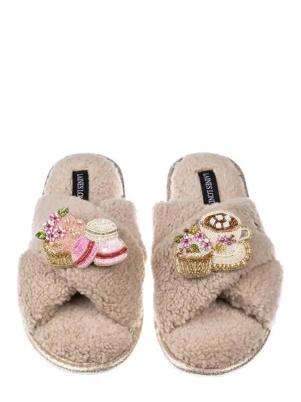 LAINES LONDON Neutrals Neutral Boucle Slippers With Macaroon Brooches Oatmeal - Brown