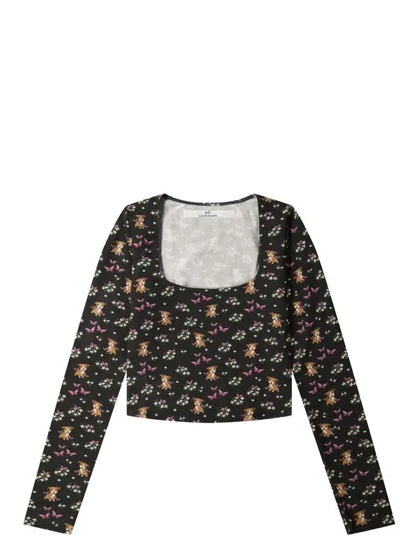 CLOUD HAVEN Long Sleeve Tan Pit Bull Square Neck Tee - Black