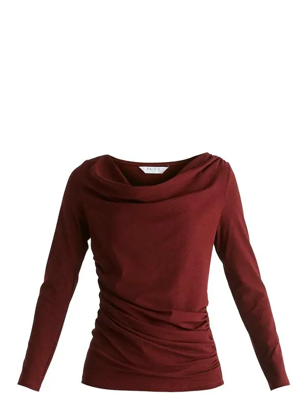 PAISIE Ruched Jersey Top With Draped Neck In Burgundy - Red