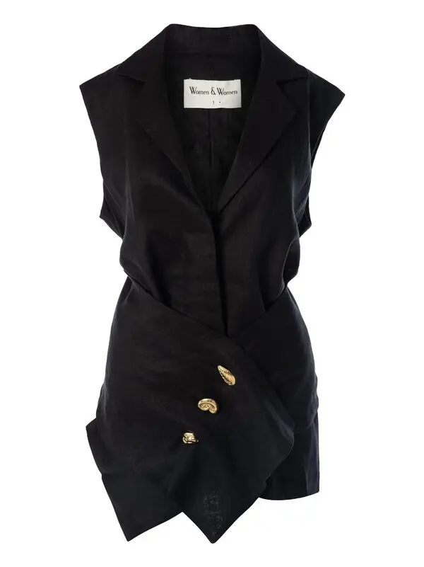 WOMEN & WOMEN Linen Vest Shirt With Decorative Belt - Black
