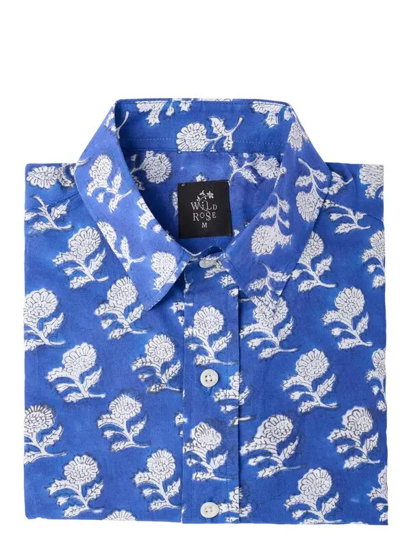 WILD ROSE Waridi Hand Block Print Cotton Long Sleeved Floral Shirt - Blue