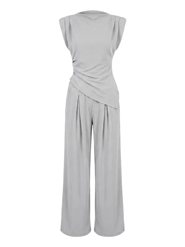 TANTRA SPAIN SL Set Of Straight Trousers And Side Pockets. Short Sleeve Top With Asymmetrical Length - Grey
