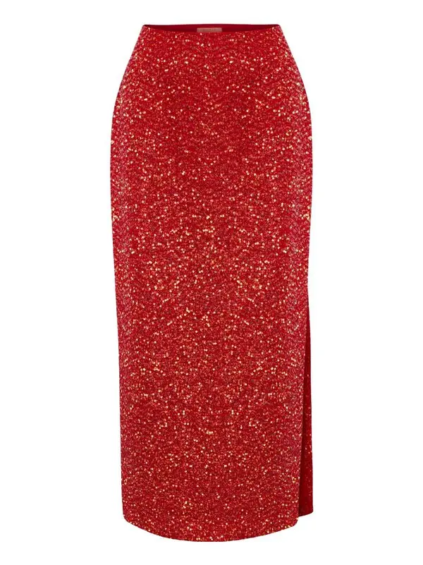 ELSAVA Riva Sequin Maxi Skirt With Slit - Red