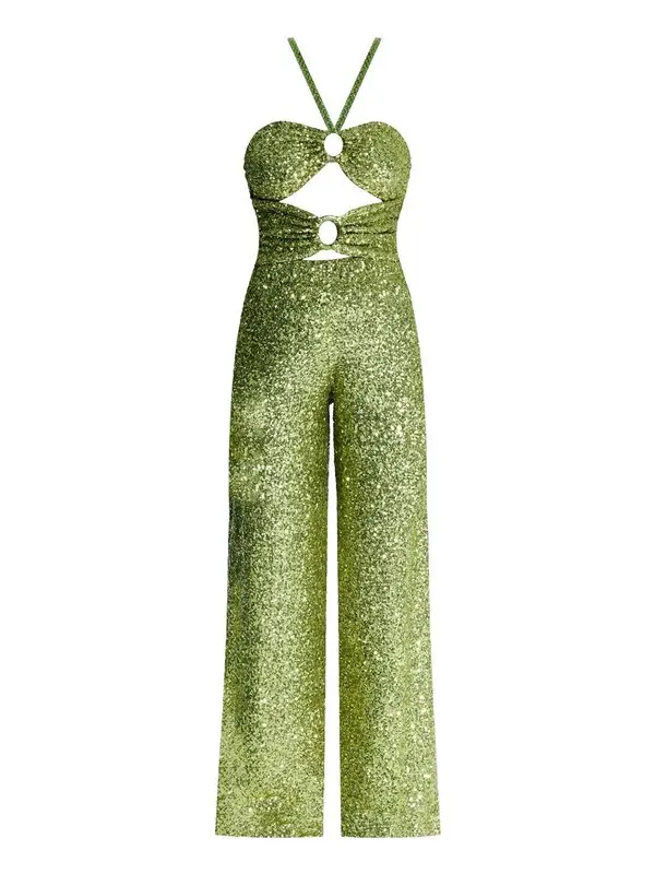 NUR KARAATA Faena Sequin Halter Neck Jumpsuit - Green