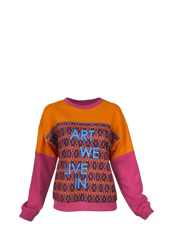 LALIPOP DESIGN Geometric Pattern & Color Block Sweatshirt With Digital Logo Print - Blue