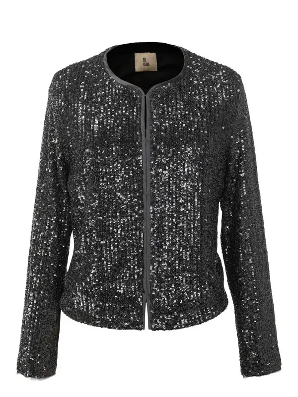 SMART AND JOY Round Collar Glitter Jacket - Black