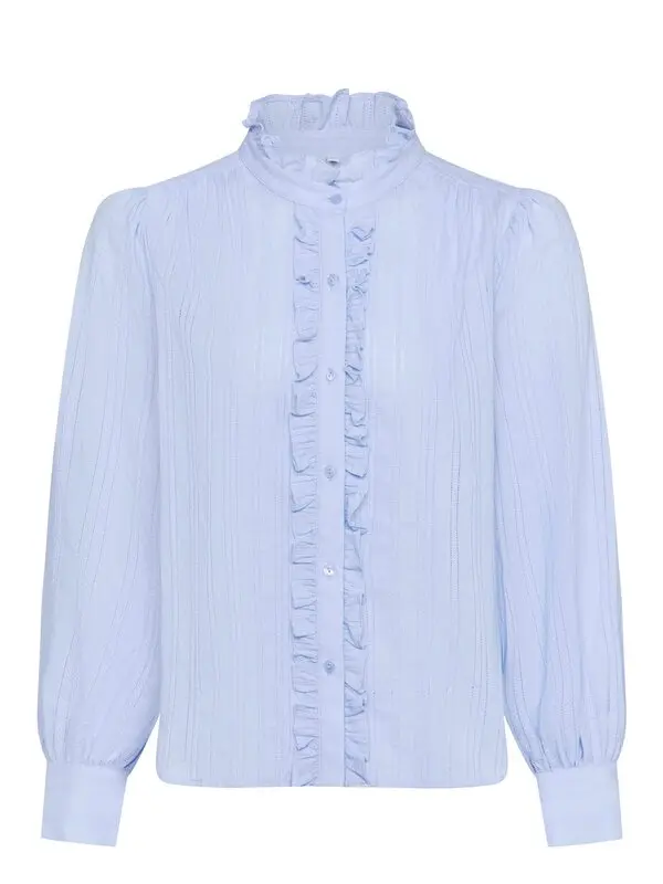 GUINEA Frill Fronted Cotton Blouse Pale - Blue