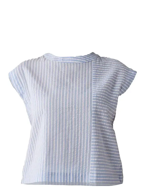 REISTOR Button-back Crew Neck Top In Stripes - Blue