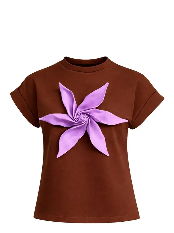 JULIA ALLERT Crew-neck Jersey T-shirt With Flower - Brown