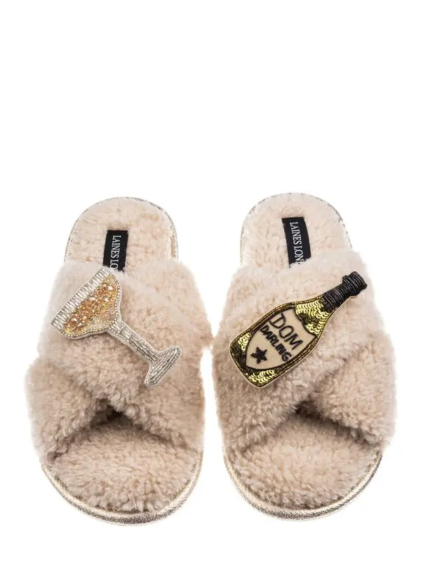 LAINES LONDON Neutrals Laines Neutral Boucle Slippers With Dom Darling Champagne Brooches Oatmeal - Brown