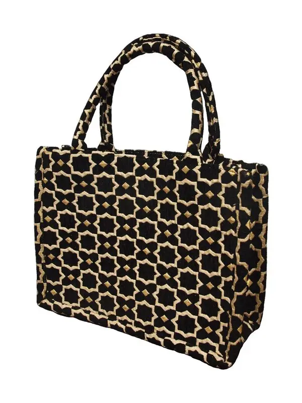 BERBER LEATHER Moroccan Print Fabric Tote Bag - Black