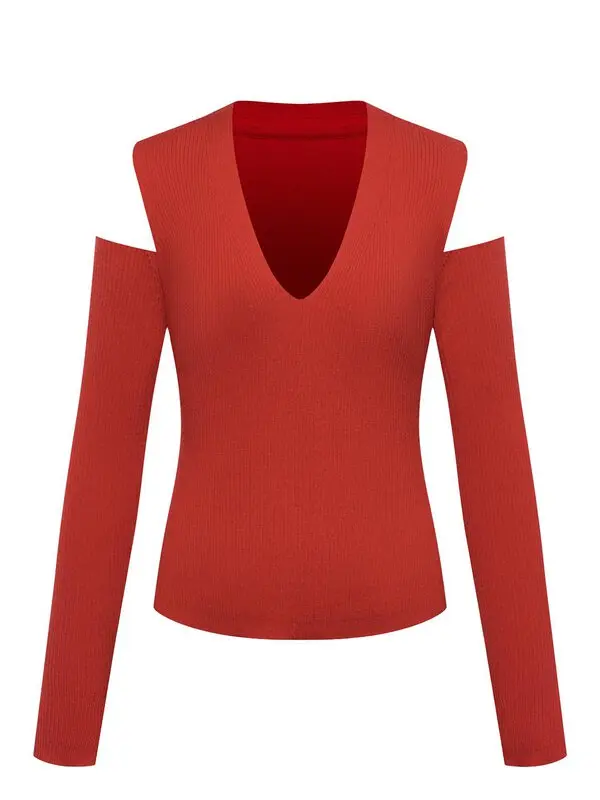 EMMA WALLACE Ribbed Wool Cold Shoulder V-neck Top - Red