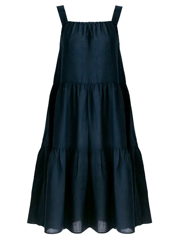 ZENZEE Cotton Linen Gathered Strap Tiered Dress Navy - Blue
