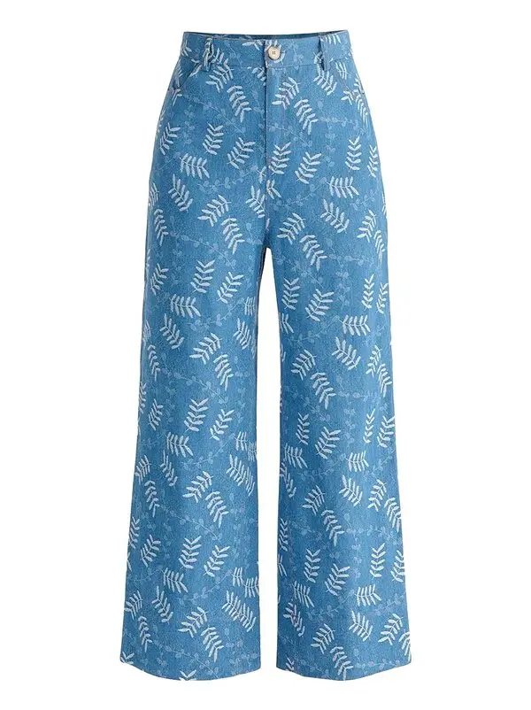 PAISIE Wide Leg Denim Trousers In Leaf Pattern In Light Denim - Blue