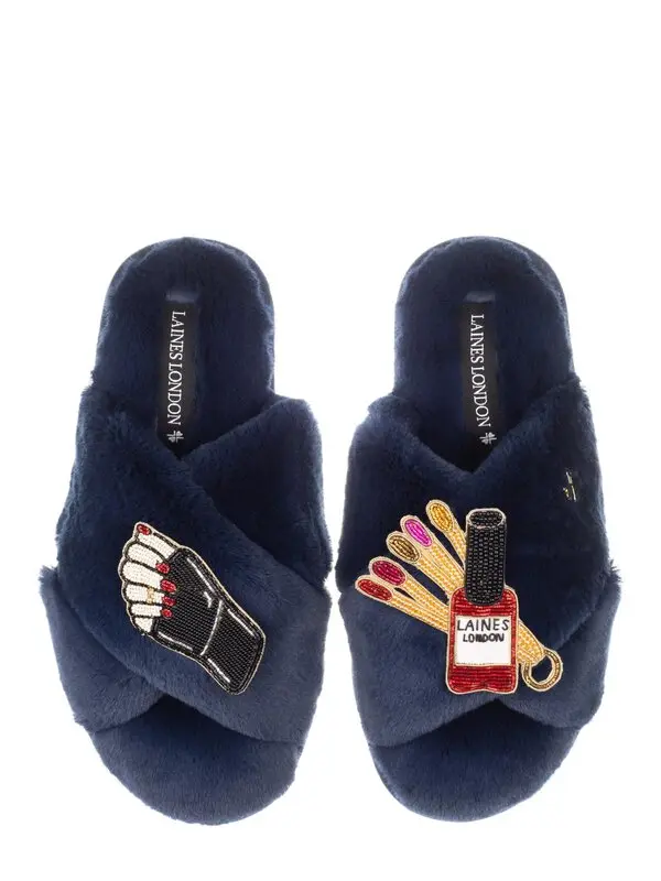 LAINES LONDON Classic Laines Slippers With Sand Nail Tech Brooches Navy - Blue