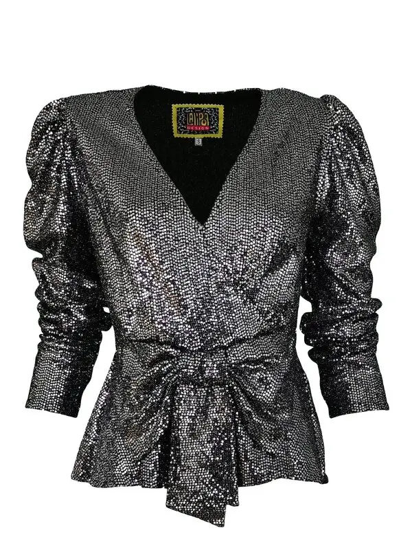 LALIPOP DESIGN Dark Silver Sequin Blouse With Peplum Hem - Grey