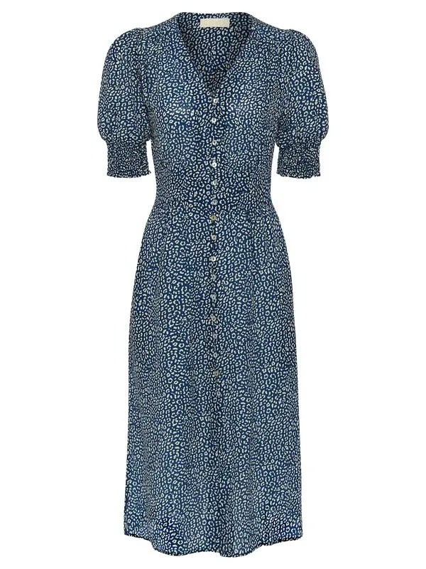 GUINEA Silk Summer Dress Navy Abstract Leopard Print - Blue