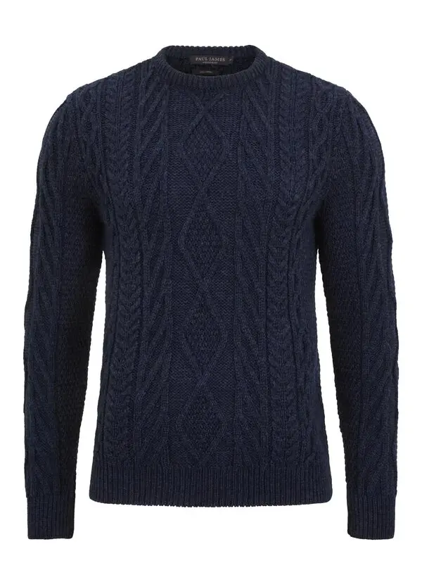 PAUL JAMES KNITWEAR Chunky Merino Wool Cameron Cable Jumper Navy Melange - Blue