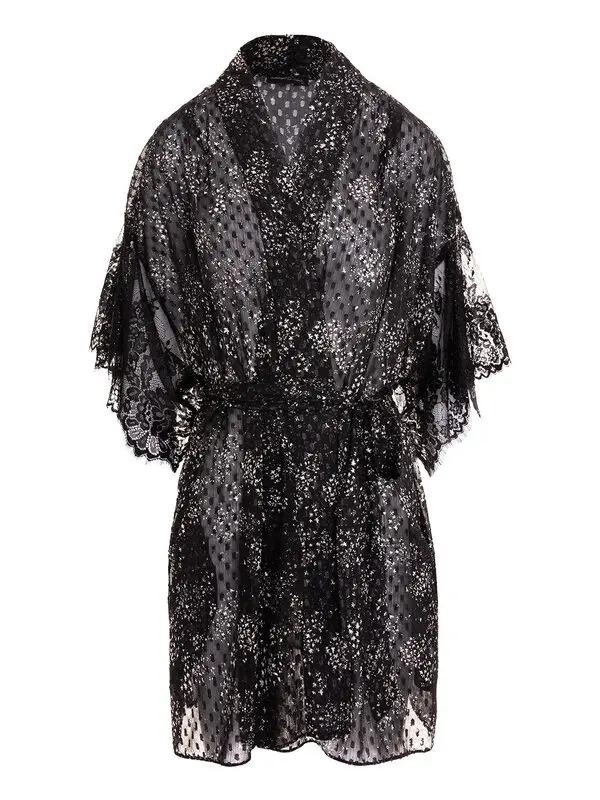 CONCEPT A TROIS Printed Veil Kimono With Chantilly Lace Details - Black