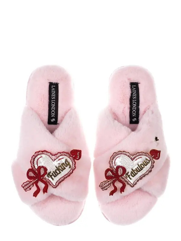 LAINES LONDON Classic Laines Slippers With Fucking Fabulous Hearts Brooches - Pink