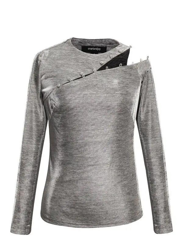 SMART AND JOY Asymmetric One Off-shoulder Shiny Top - Grey