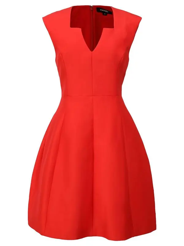 SMART AND JOY Fit-and-flare Satin Short Dress Square V Neckline - Red