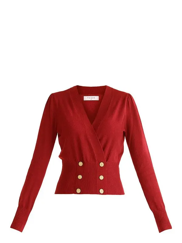 PAISIE Long Sleeve Knitted Button Wrap Top - Red