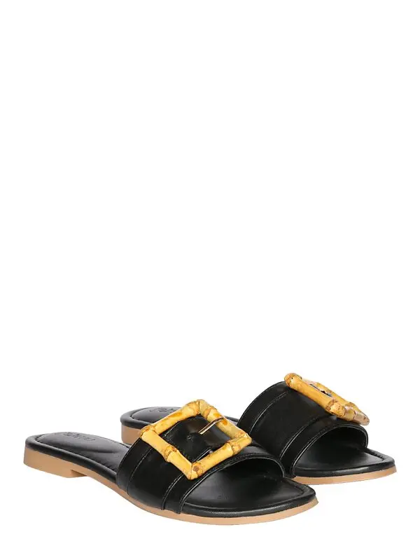 JELAVU Amsterdam Flat Sandals With Bamboo Buckle - Black