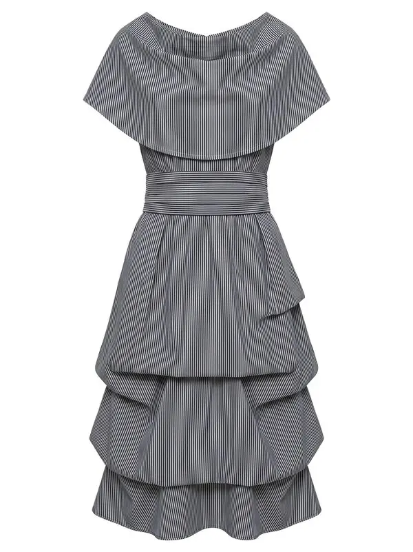 ATOM LABEL Cowl Hitch Dress In Denim Stripe - Blue