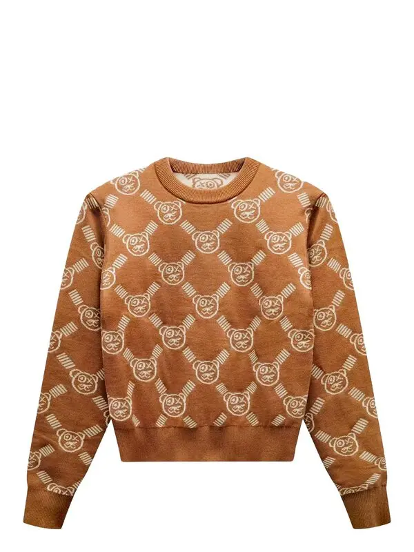 X ILONA BLUE Neutrals / Graffiti Teddy Bear Cafe Cream Reversible Jacquard Knit Sweater - Brown