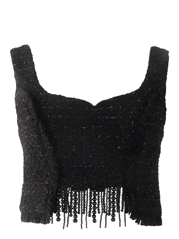 SOLGO ATELIER Tia Sleeveless Crop Top In Shimmering Tweed Bouclé With Beaded Fringes - Black